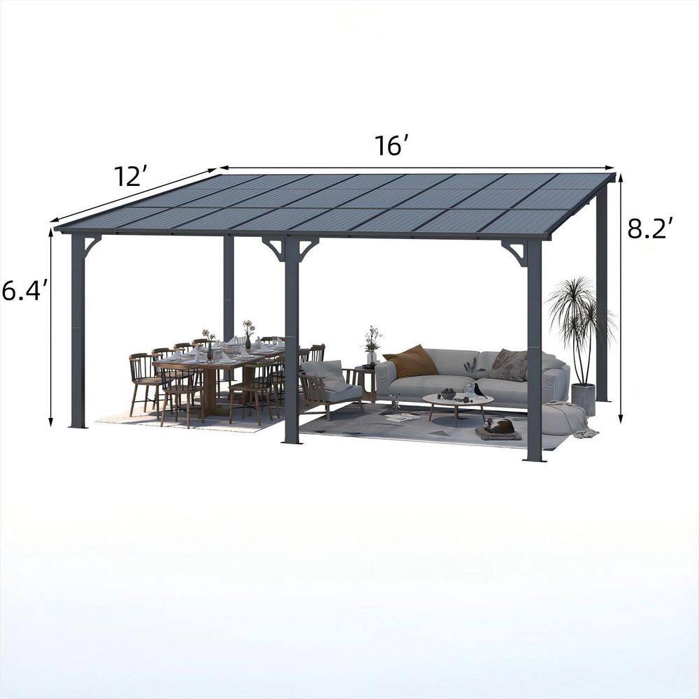 Clihome 12 ft. x 16 ft. Gray Aluminum Patio Cover with Sloped ...