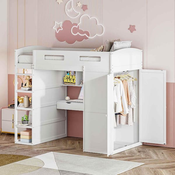 Polibi Twin Size Loft Bed with Desk, Wardrobes, 4 Drawers and 4 Shelves-White RS-24462AAKT - The ...
