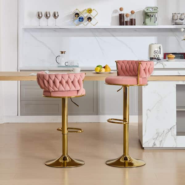 VECELO Bar Stools Set of 2 25.59 in. Adjustable Metal Barstools Counter Height Stools Velvet Kitchen Island Stools Pink THD C15 PNK The Home Depot