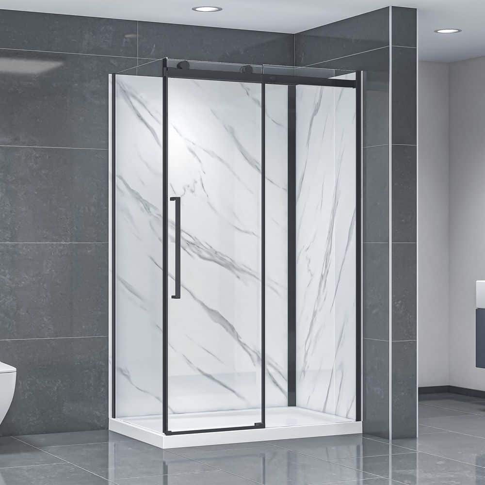Dreamwerks 48 in. x 32 in. x 79.2 in. Rectangular Corner Shower Stall/Kit in Black with Base and ...