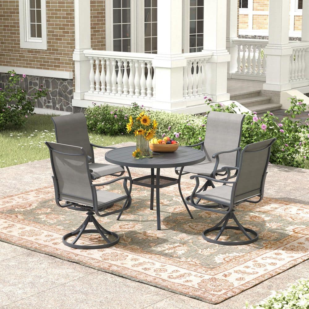 5-Piece Dark Gray Metal Outdoor Dining Set and Set of 4 Swivel Dining Chairs and 1 Round Table ...