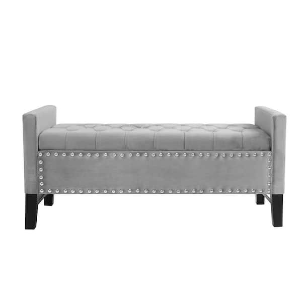 HomeRoots Amelia Light Gray 50 in. Velvet Bedroom Bench Backless ...