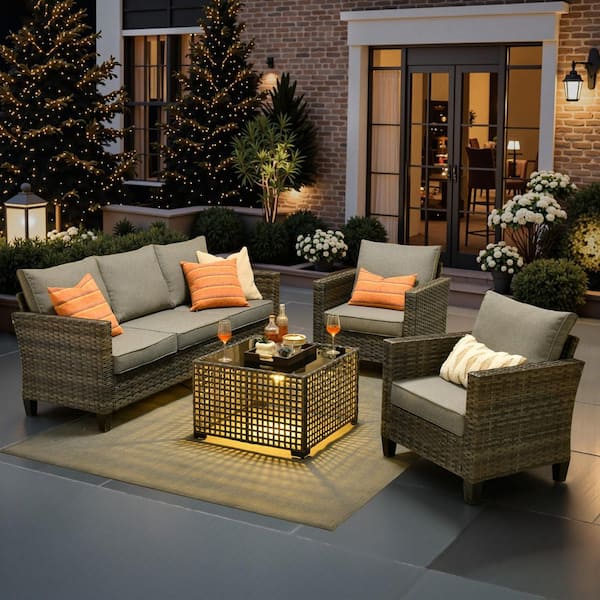 OVIOS New Vultro Gray 4-Piece Wicker Patio Conversation Set with Dark ...
