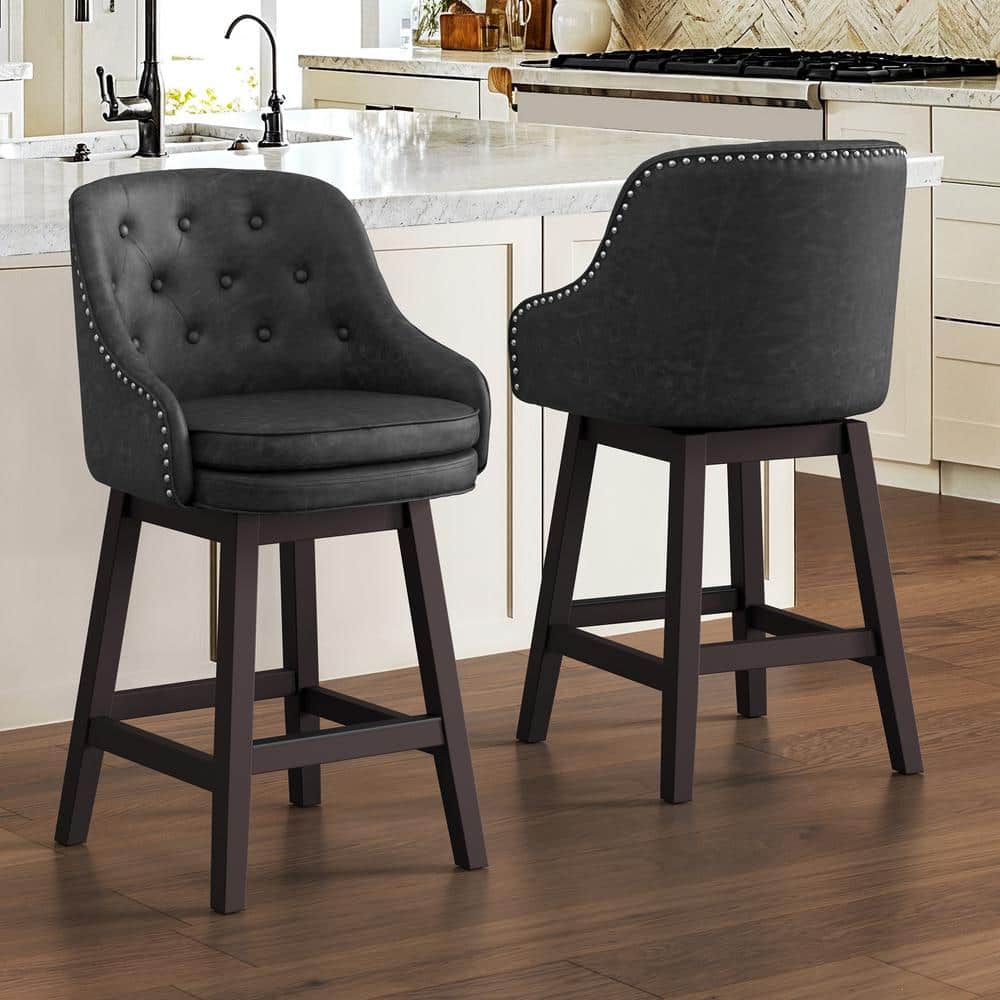 OrangeOne 26 in. Black Faux Leather Swivel Barstool Solid Wood Frame ...