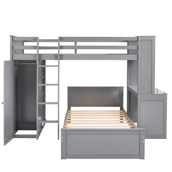 Angel Sar Gray Twin Over Twin Bunk Bed with Wardrobe, Desk and Shelves ...