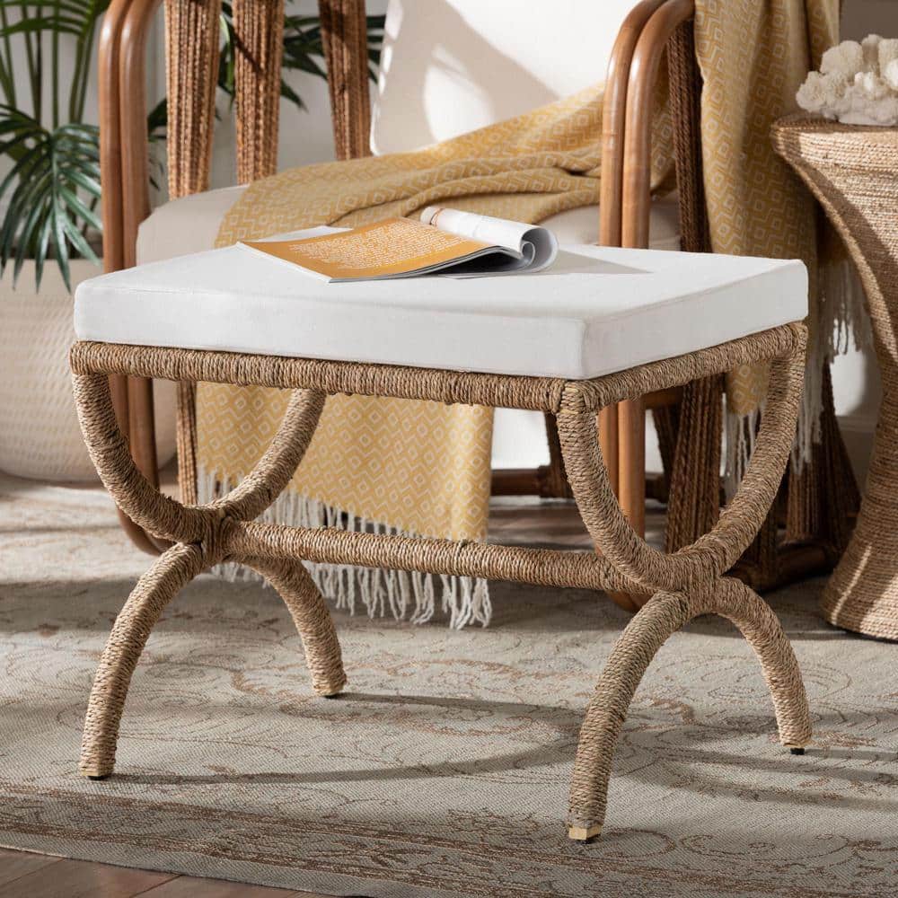 bali & pari Maliyah Natural Brown Seagrass and Fabric Ottoman 252-13986 ...