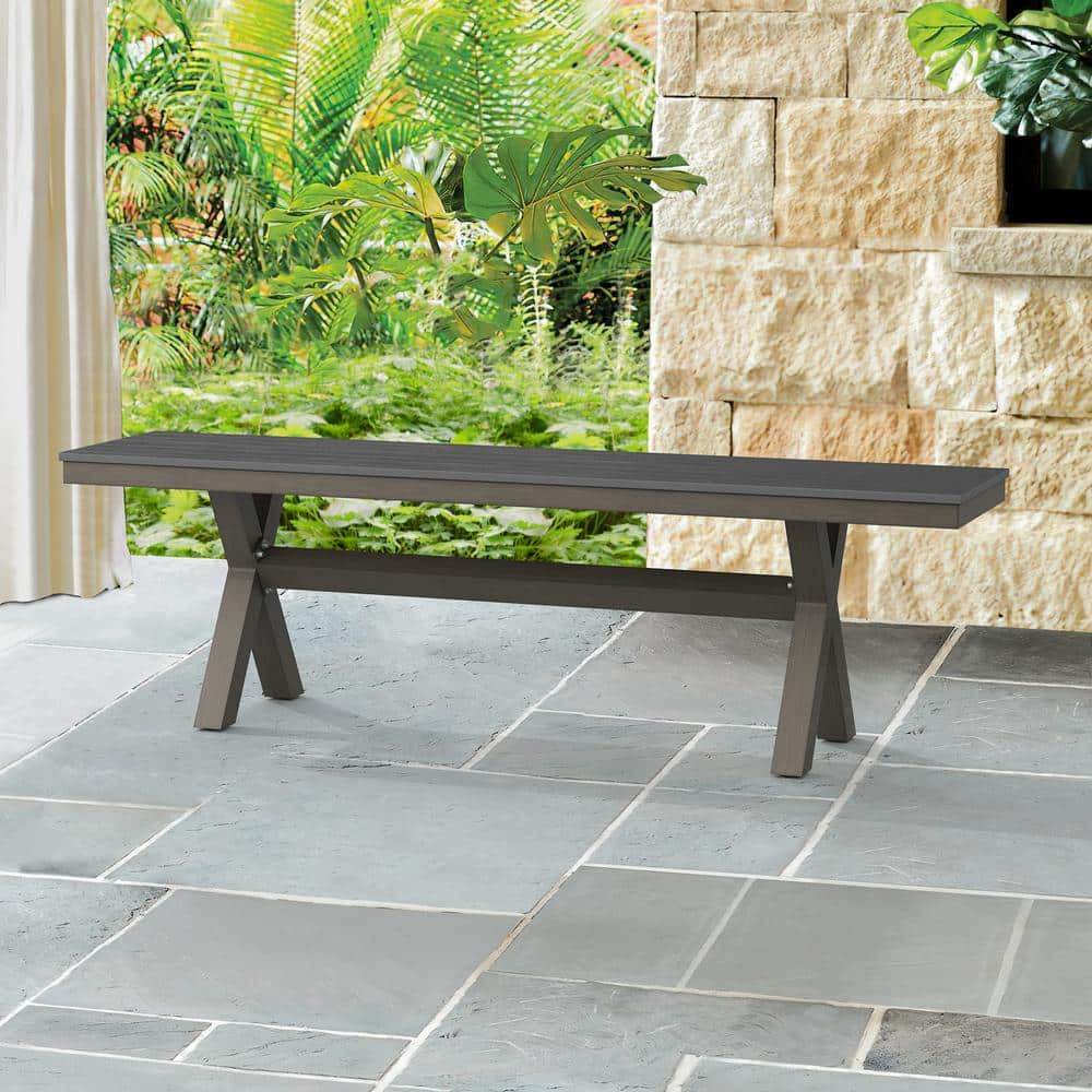 LUE BONA 60 in.Alu Recycled Plastic Wood Outdoor Patio Benches X-Leg ...
