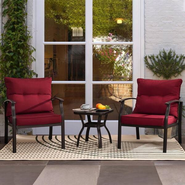 Modern 3 Piece Metal Outdoor Bistro Set with Burgundy Cushion XB D01C1081G The Home Depot