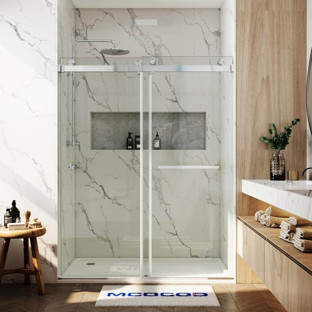 MCOCOD 66-73 in. W x 76 in. H Double Sliding Frameless Smooth Sliding Shower Door in Brushed ...