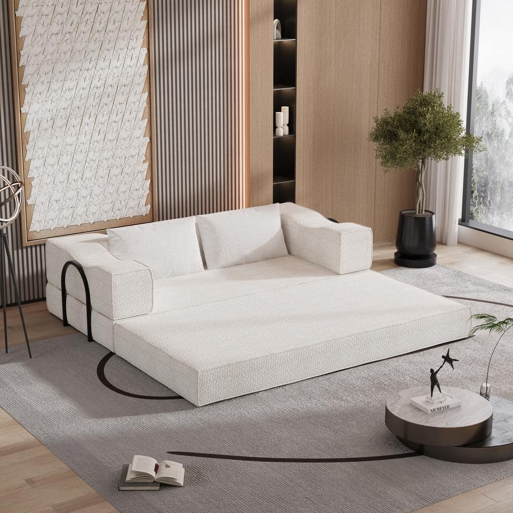 Convertible 80 in. Beige Chenille Fabric King Size Foam Filled Sofa Bed with 2 Pillows No Assembly Required