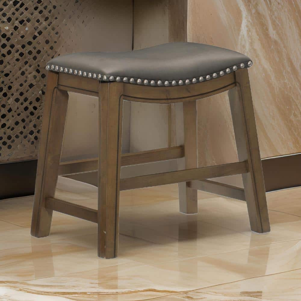 Benjara 20 in. Gray and Brown Low Back Wooden Dining Stool with Faux ...