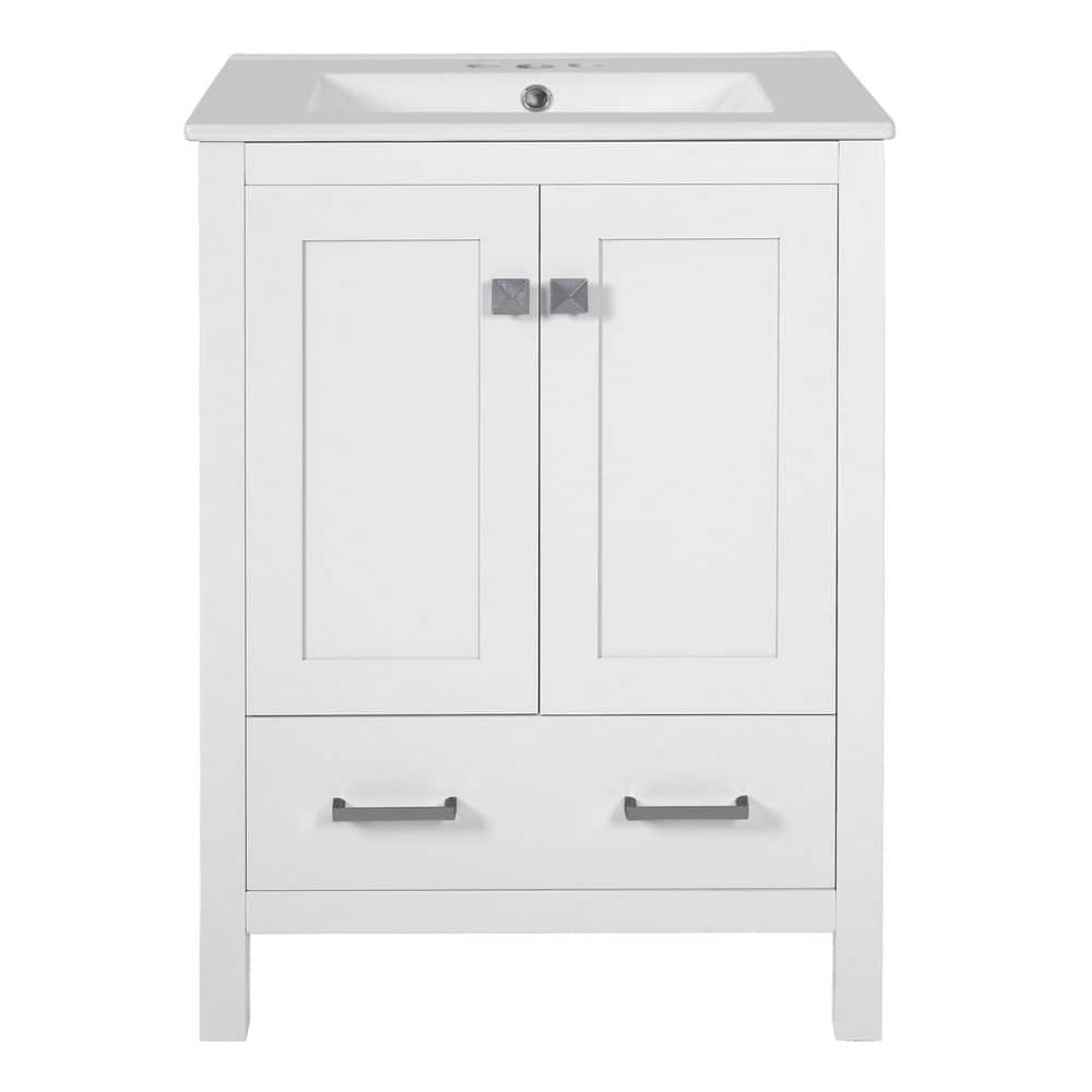 LuckByte 24 in. White Wood Rectangle Vessel Sink Bathroom Vanity Combo ...