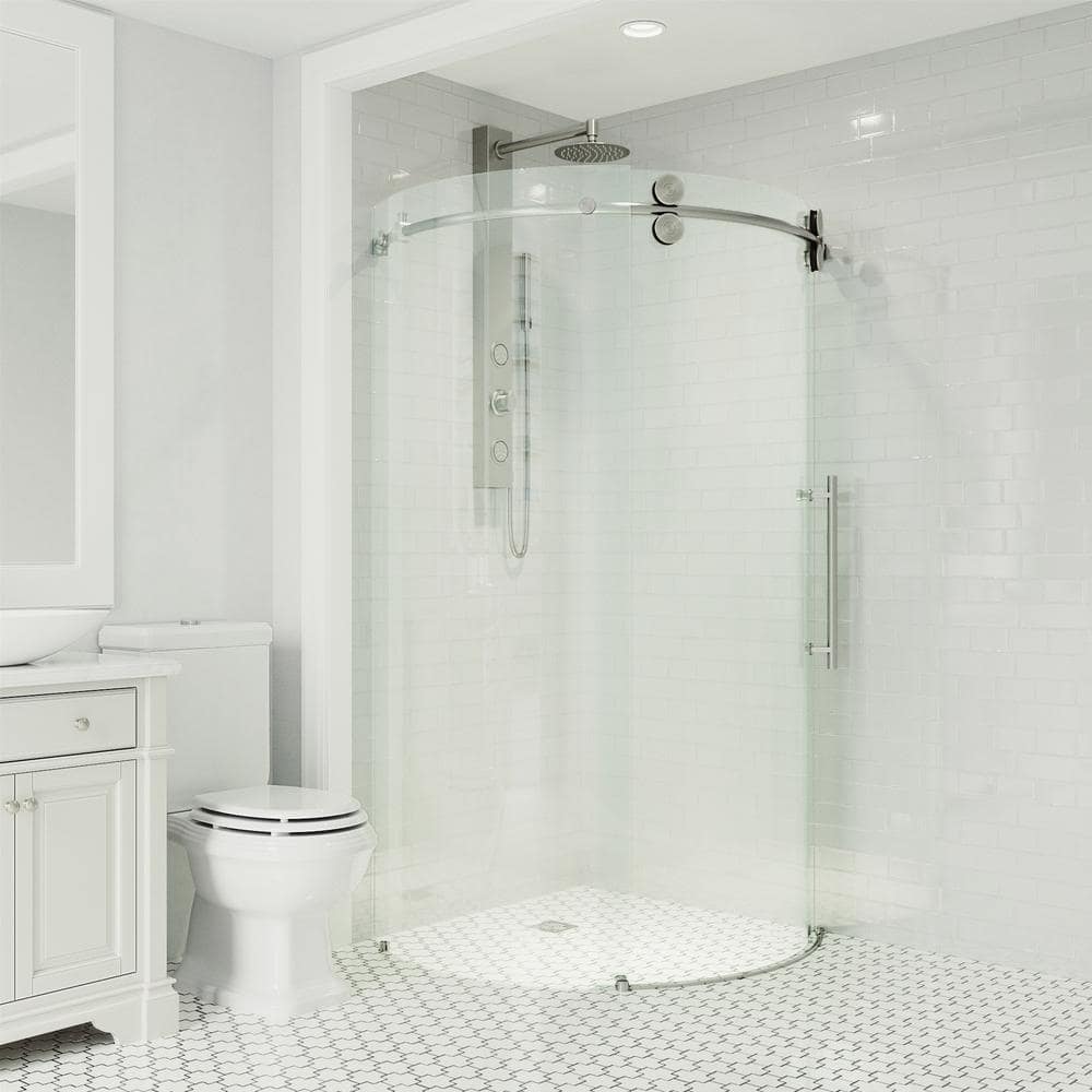 VIGO Sanibel 38 in. W x 75 in. H Round Sliding Frameless Corner Shower ...
