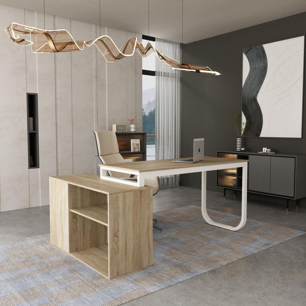 FUFU&GAGA 55.1 in. L-Shaped Beige Wood Executive Writing Desk Computer ...