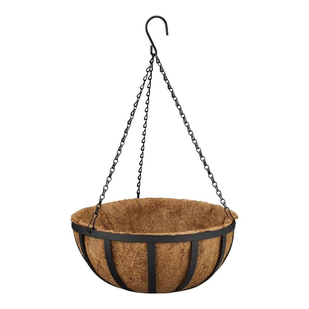 Vigoro English Medium Black Metal Hanging Round Planter with Coco Liner ...