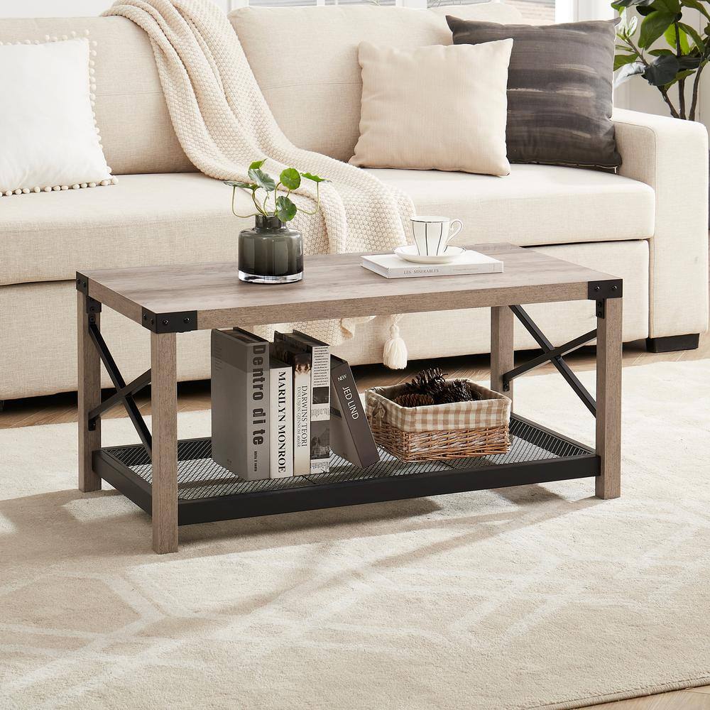 ANBAZAR Industrial 38.82 in.L Brown Coffee Table, MDF Center Table with ...