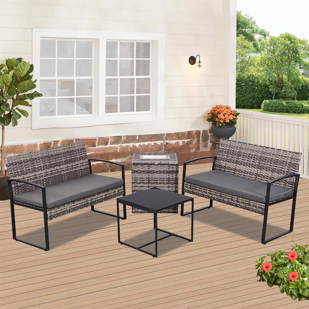 Modern 4-Piece Gray Wicker Outdoor Patio Conversation Set with Gray ...