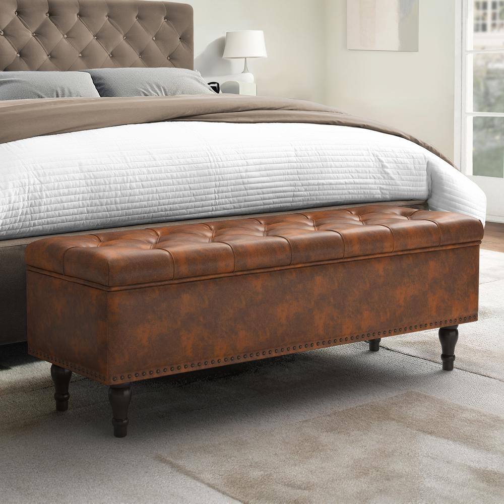 cozyman Dark Brown Faux Leather Upholstered Storage Bench 50 in. x 17 ...