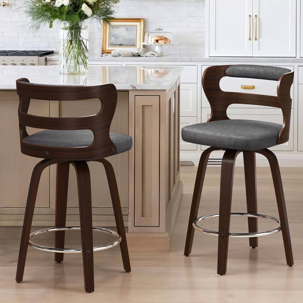 OrangeOne Arabela 26 in. Gray Solid Wood Swivel Bar Stool Faux Leather ...