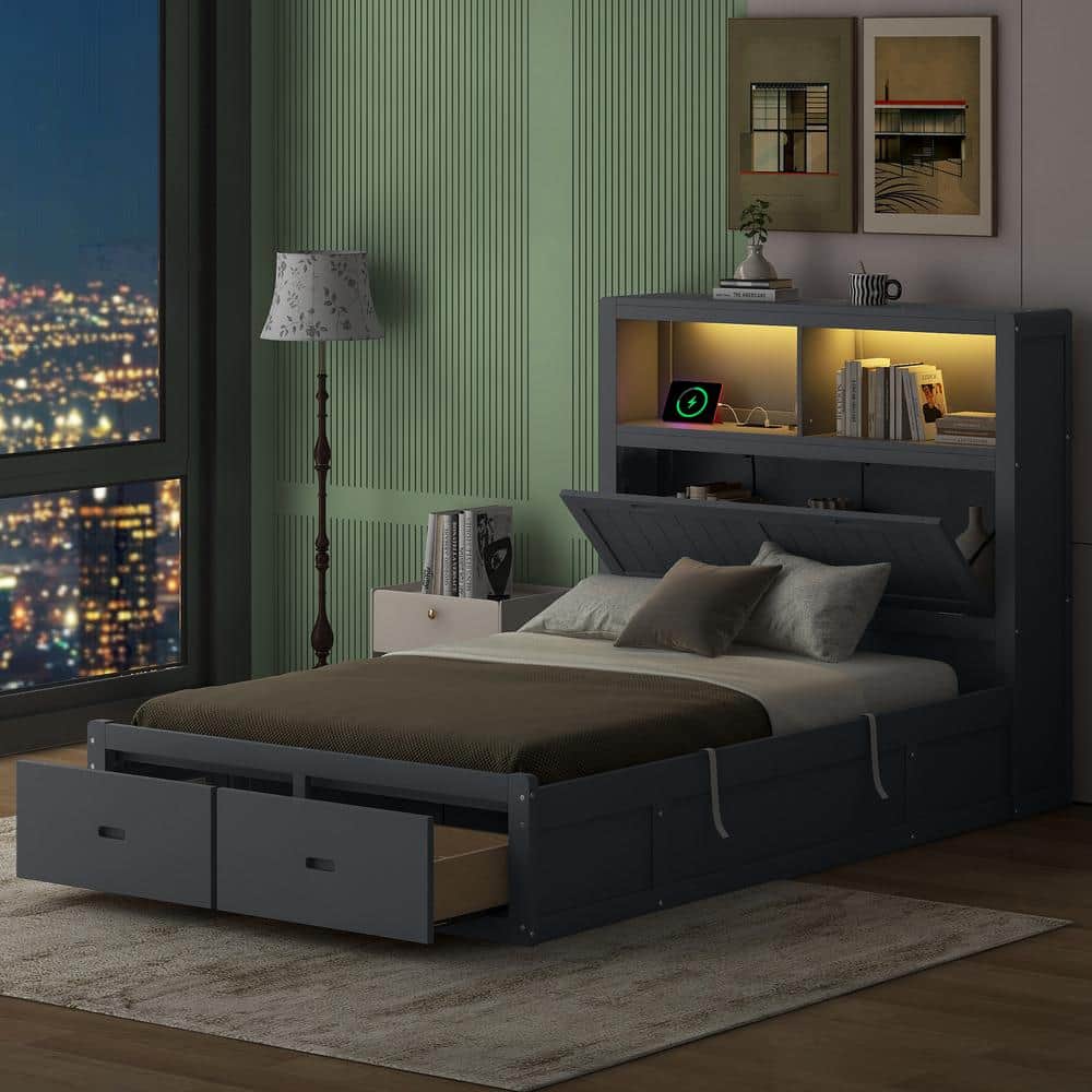 Harper & Bright Designs Gray Wood Frame Full Platform Bed with Side ...