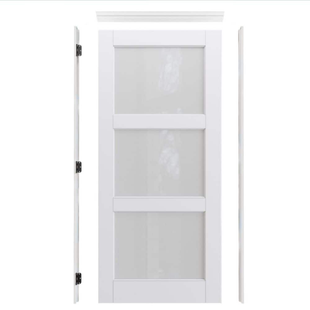 ARK DESIGN 36 in. x 80 in. Right-Handed 3-Lite Frosted Glass White Wood ...