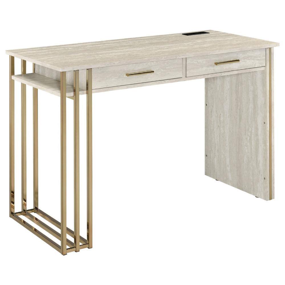 Benjara 19 in. Rectangular White and Gold Wood Top 2-Drawer Writing ...
