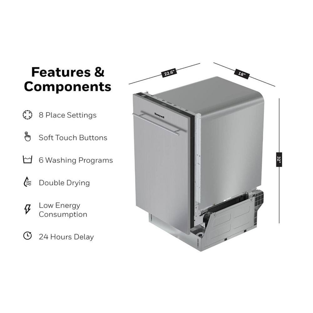 18 in. Honeywell Dishwasher with 8 Place settings 6 Washing Programs ...