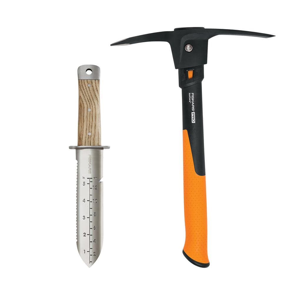 Fiskars 14 in. 2-Piece PickAxe and Multi-Purpose Hori Hori Knife Garden ...