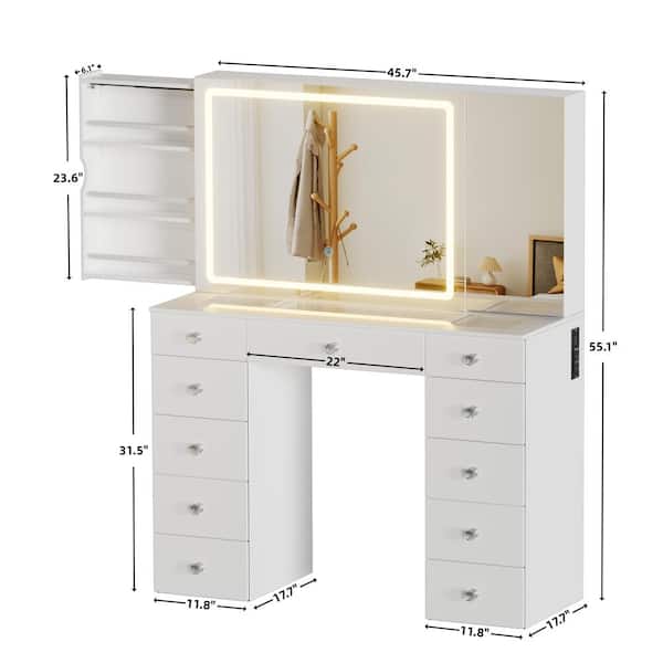 PAKASEPT White Vanity Desk With Power Outlet, Makeup Vanity Table With ...