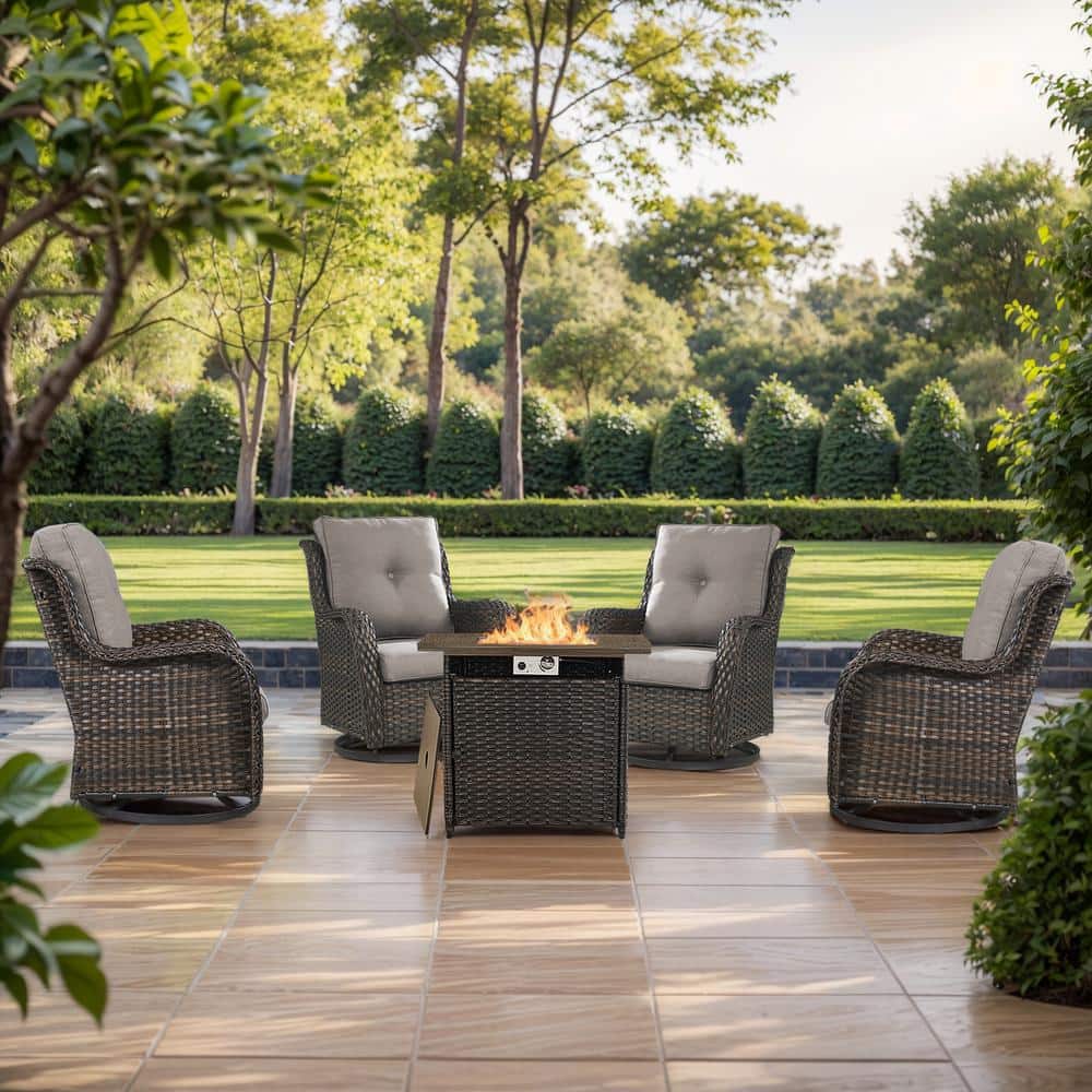 moosprr Arcline Brown 5-Piece Wicker Outdoor Dining Set with Olefin ...