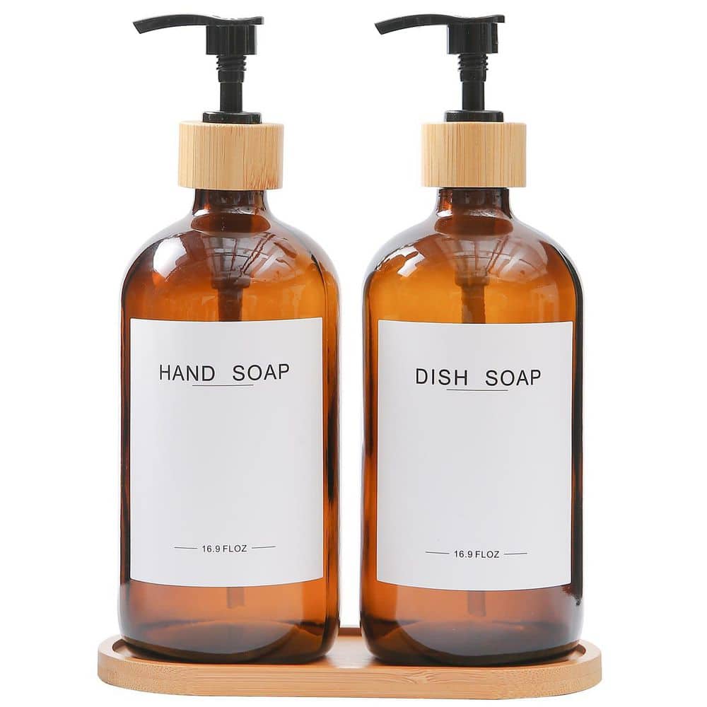 Wudkey Glass Soap Dispenser with Bamboo Pumps and Tray, Dish Soap ...
