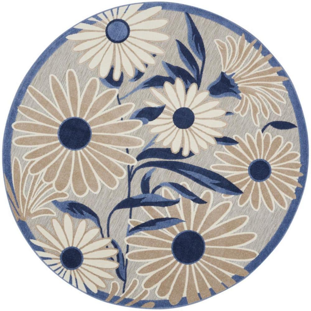 HomeRoots Blue, Gray 8 ft. Round Loomed Floral Polypropylene Round ...