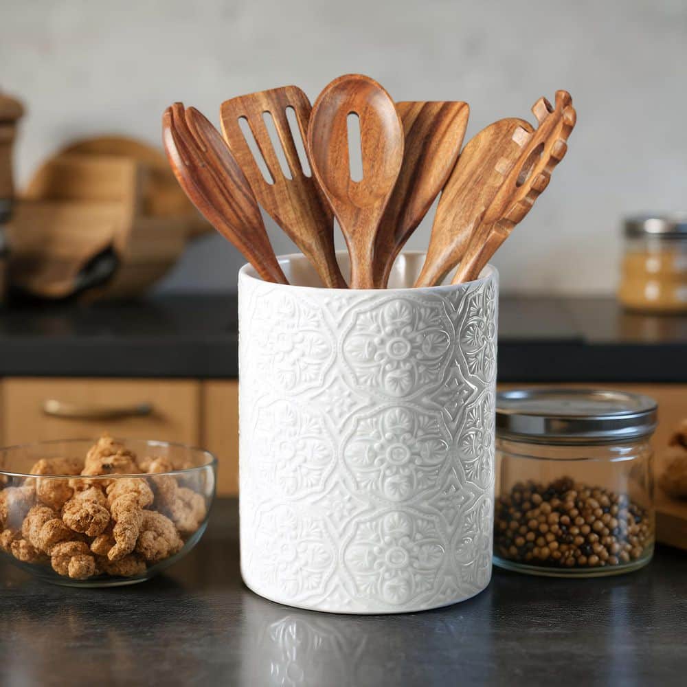 Wudkey White Ceramic Kitchen Utensil Holder, Embossed Pattern Crock ...