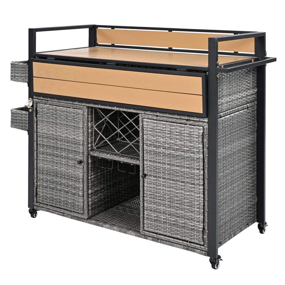 SUNRINX Grey Wicker Outdoor Serving Bars with Storage Cabinet ...