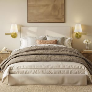 Merra Modern 1-Light Gold Swing Arm Wall Lamp with White Fabric Shade ...