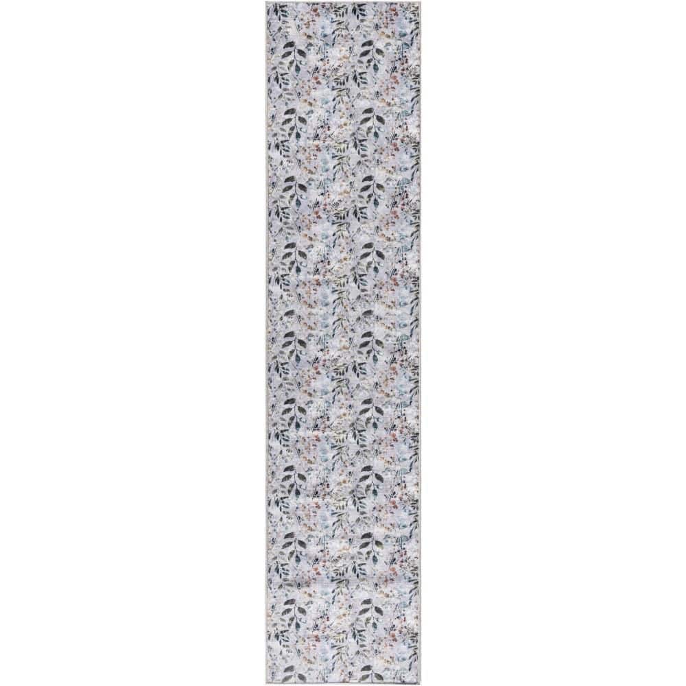 Nourison Washables Grey Multicolor 2 ft. x 8 ft. Botanical Traditional ...