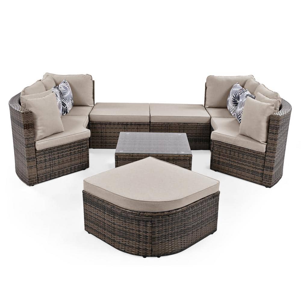GO 8-piece Brown Wicker Outdoor Sofa Sectional Set with Beige Cushions ...