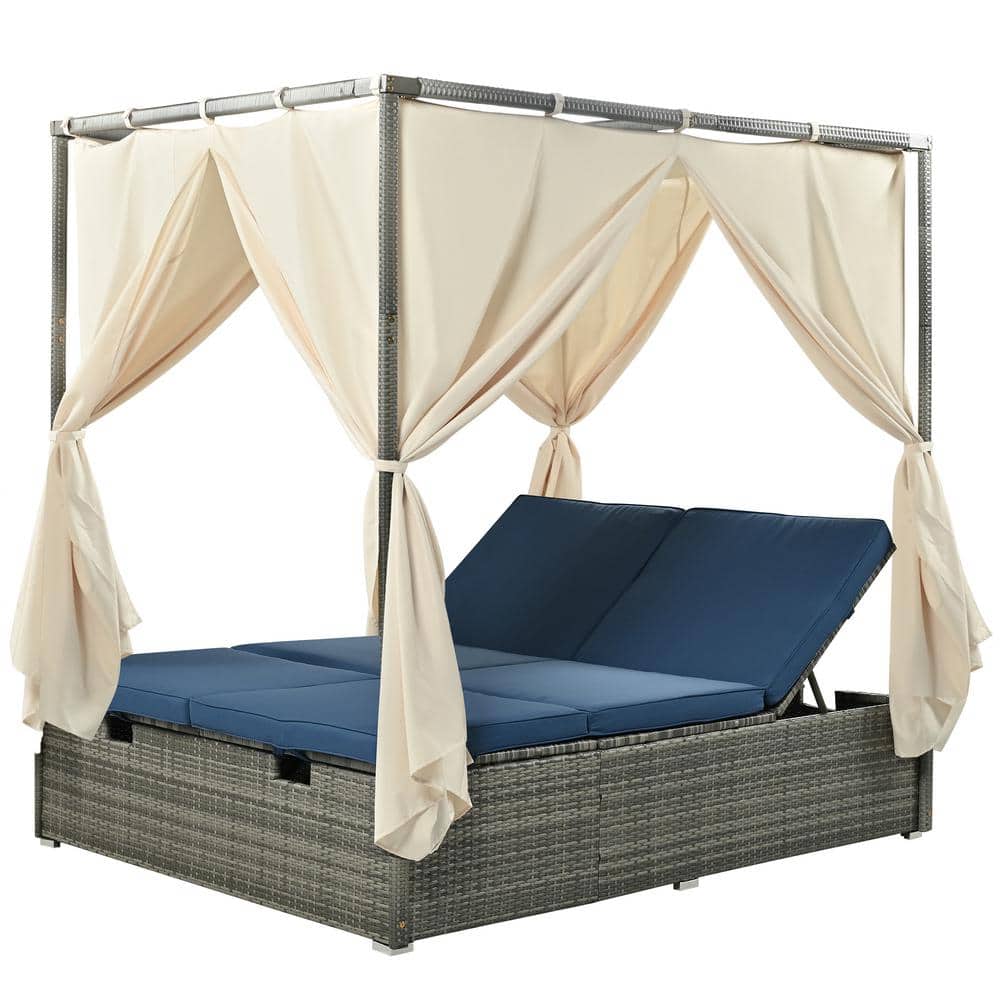 OLUMAT Gray Wicker Woven Rope Outdoor Day Bed with CushionGuard Blue ...