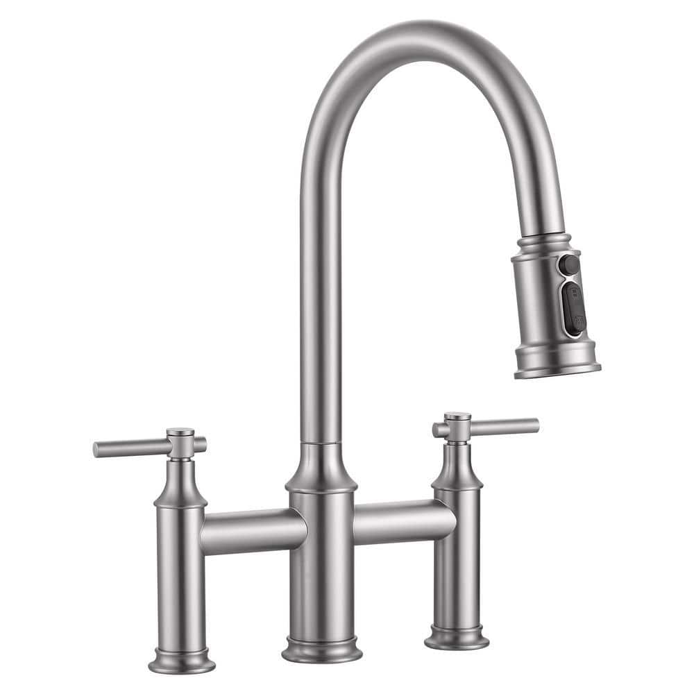 ALEASHA Pull Down Sprayer Double Handle Bridge Kitchen Faucet in ...