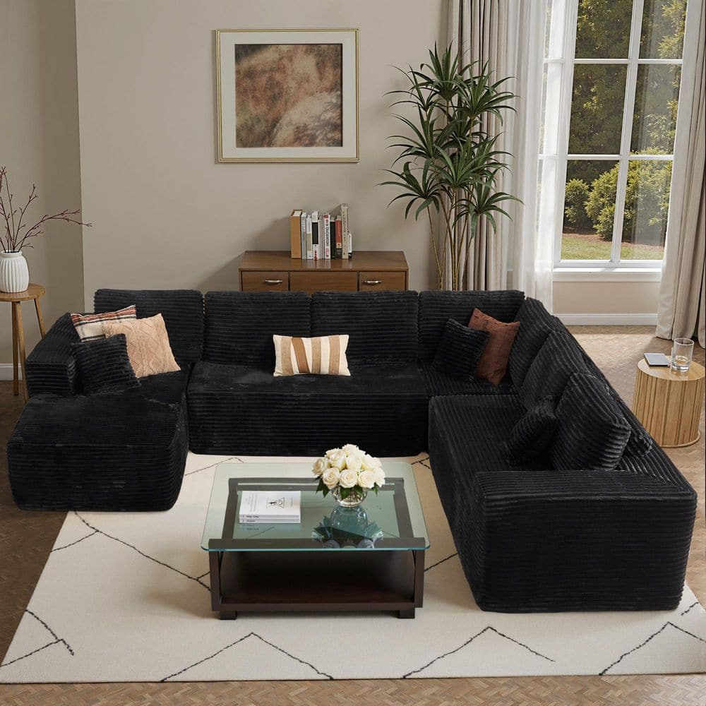 Allwex VJ 135 in. Wide Arm 4-Piece Modern Plush Corduroy U-Shape ...