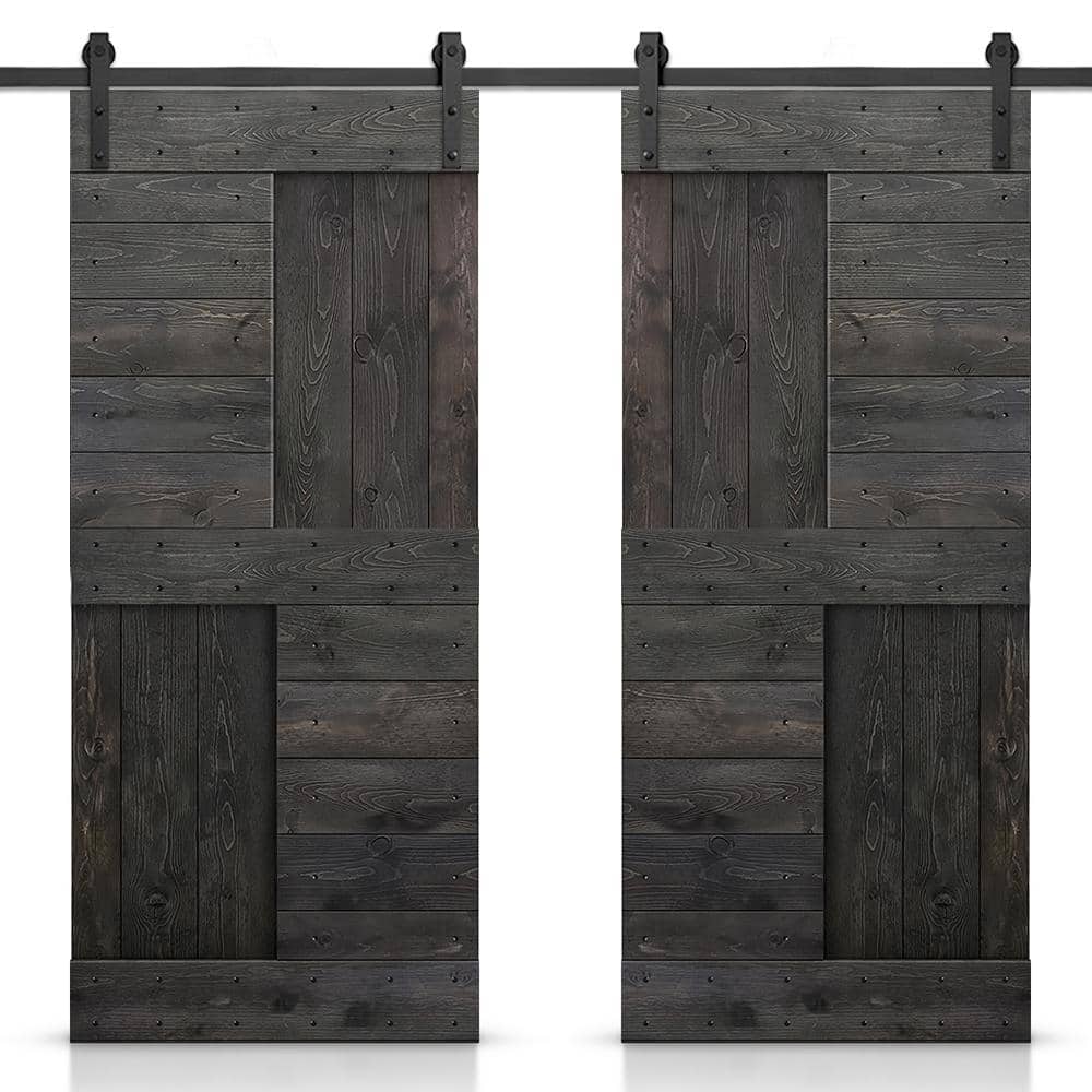 CALHOME 72 in. x 84 in. Charcoal Black Stained DIY Knotty Pine Wood Interior Double Sliding Barn ...