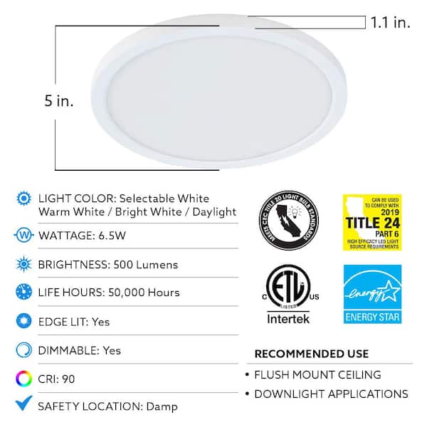 Feit Electric 5 in. 8-Watt Title 24 Dimmable White Integrated LED Round Flat Panel Ceiling Flush ...