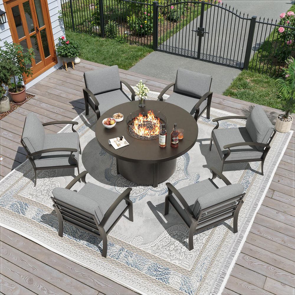Halmuz 7-Piece Black Aluminum Outdoor Patio Set with Round Fire Pit, 6 ...