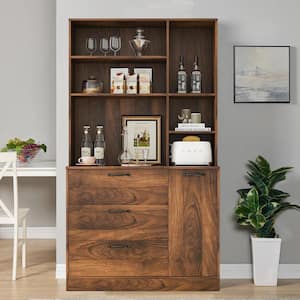 Walnut Wood Pantry Organizer Kitchen Cabinet with 6-Doors, 1-Open ...