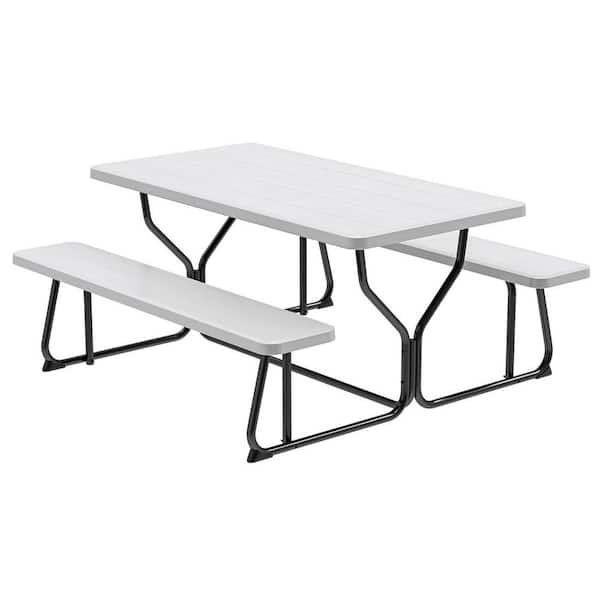 56 in. White Rectangle Steel Picnic Table Seats 4 People without ...