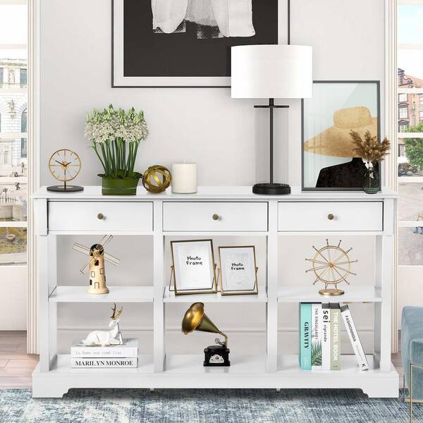 Karl home 58.2in. White Rectangle MDF Console Table with 3 Drawers ...