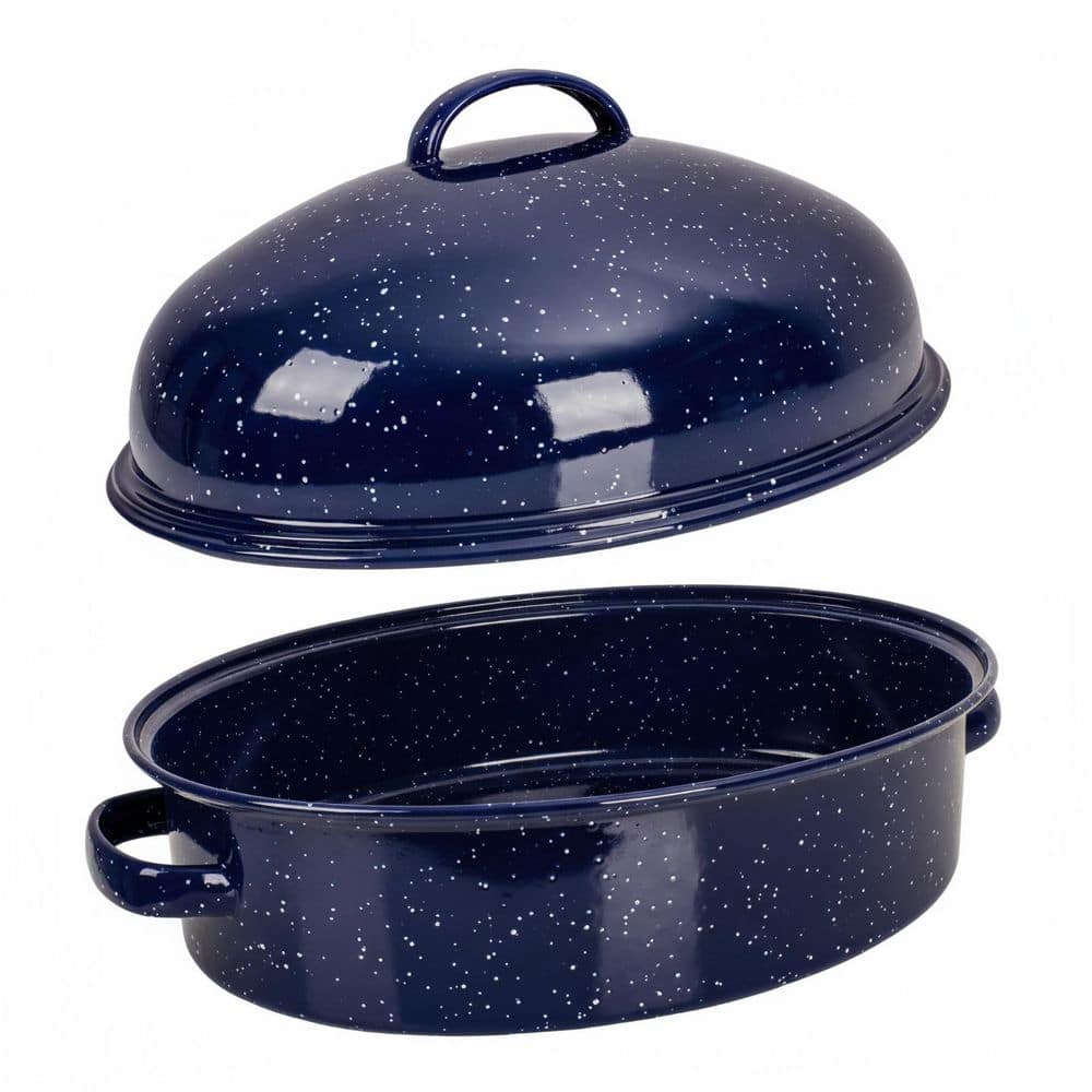 18 qt. Dark Blue and White Enamel Carbon Steel Oven Safe Oval Roasting ...