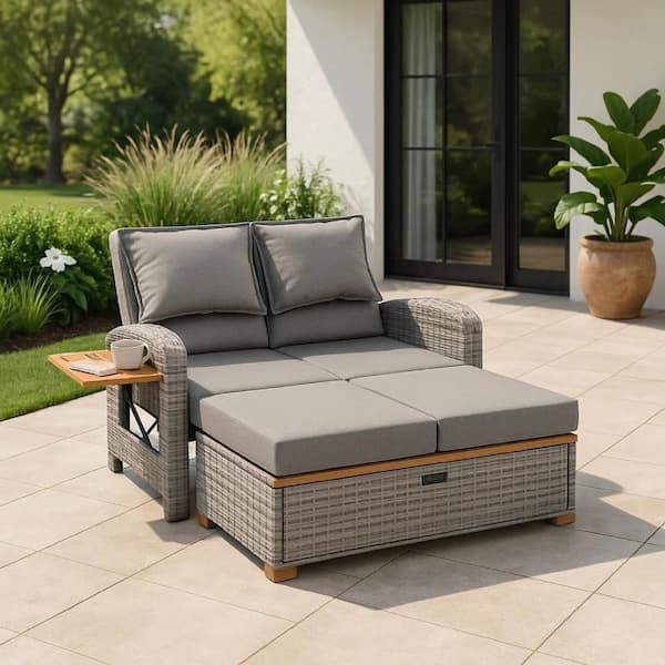 Benjara Timy Wicker Outdoor Reclining Chaise Lounge Set with Storage ...