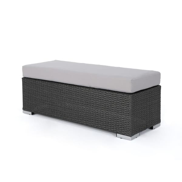 Benjara Sanie Gray Resin Wicker Outdoor Bench with Silver Cushion ...