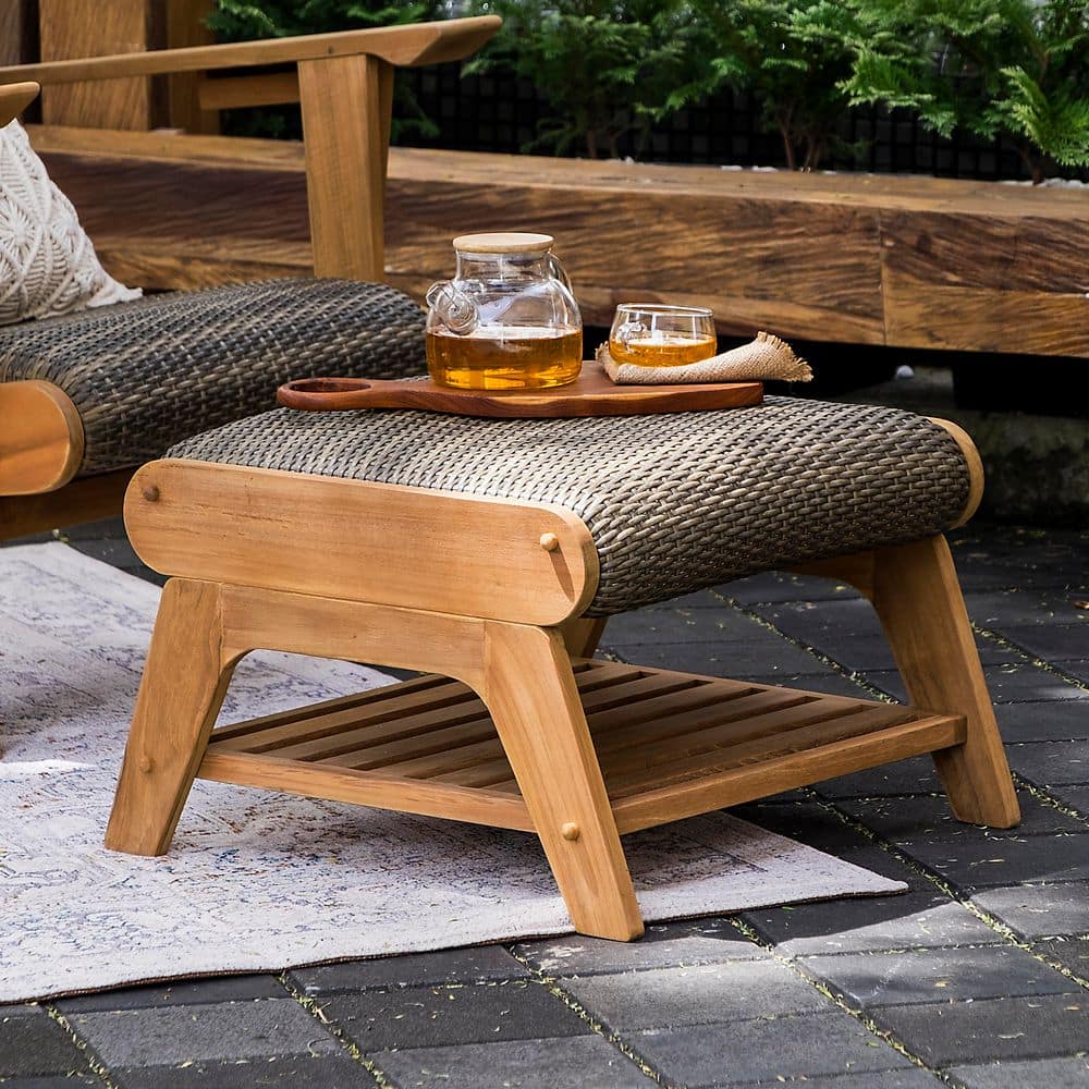 Cambridge Casual Luton Teak Wood Outdoor Ottoman with Padded Woven Seat ...
